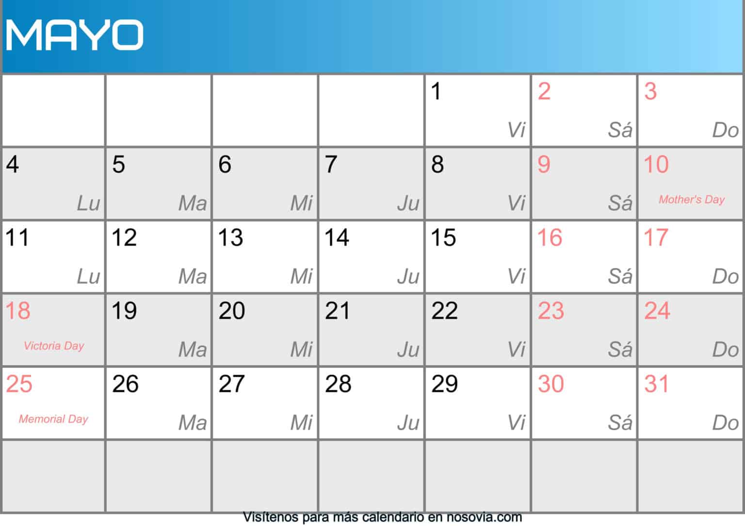Calendario mayo 2020 Con Festivos Imprimir gratis | Nosovia.com