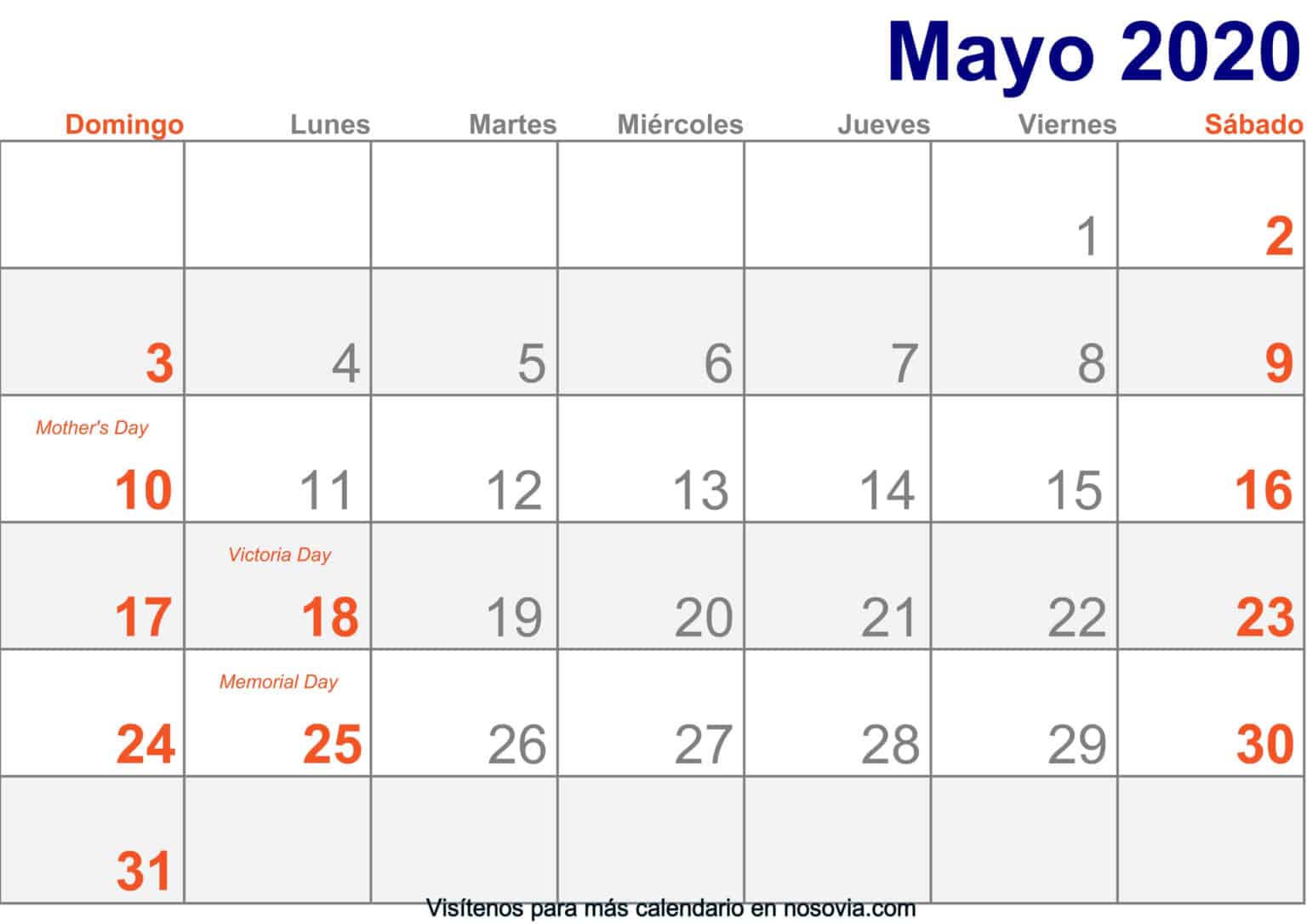 Calendario mayo 2020 Con Festivos Imprimir gratis | Nosovia.com