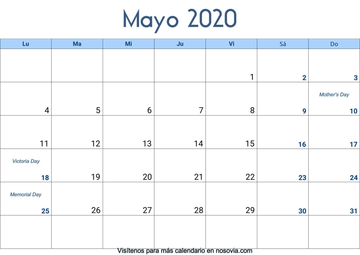 Calendario mayo 2020 Con Festivos Imprimir gratis | Nosovia.com