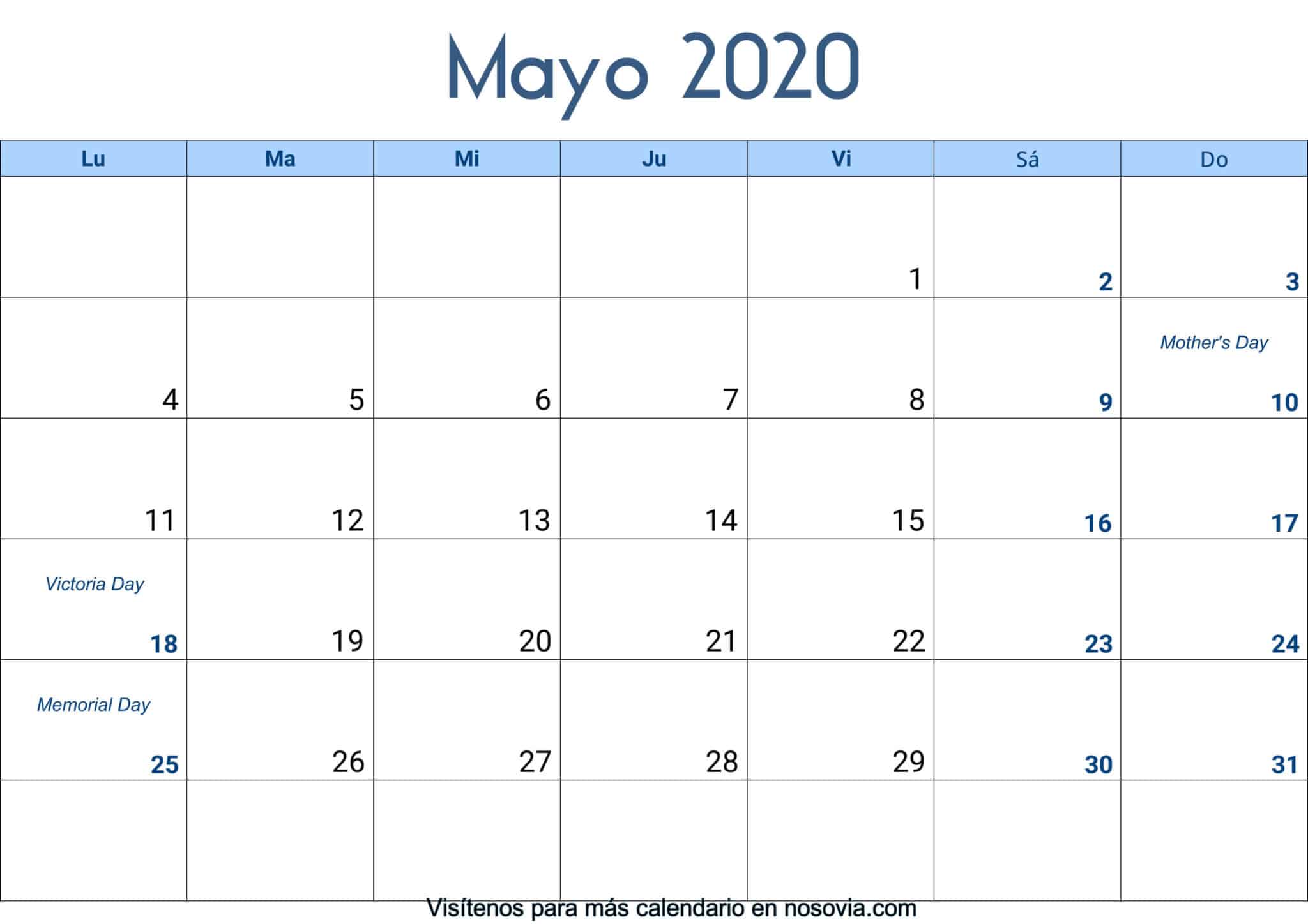 Calendario mayo 2020 Con Festivos Imprimir gratis | Nosovia.com