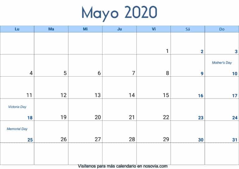 Calendario mayo 2020 Con Festivos Imprimir gratis | Nosovia.com