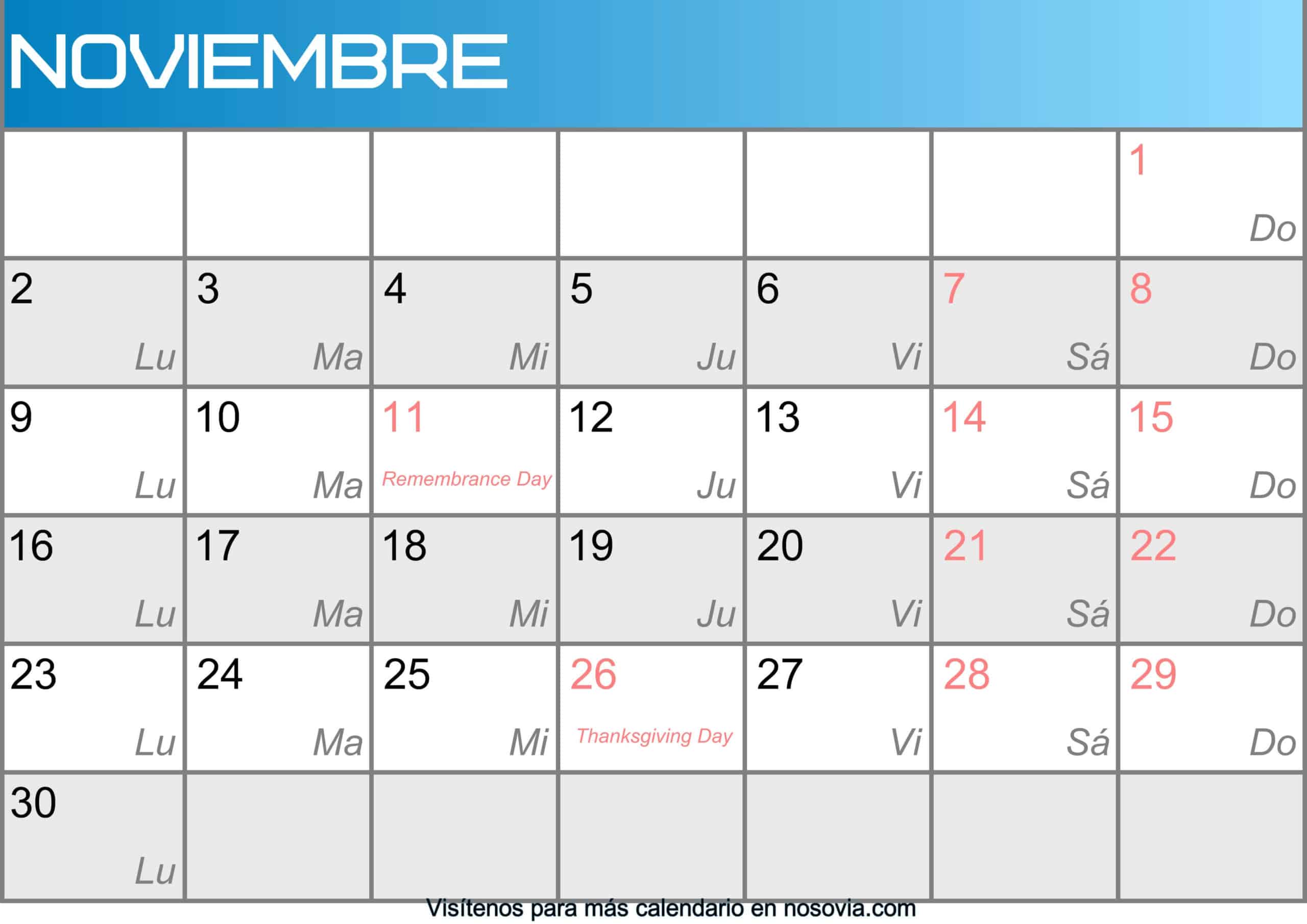 Calendario noviembre 2020 con festivos para imprimir | Nosovia.com