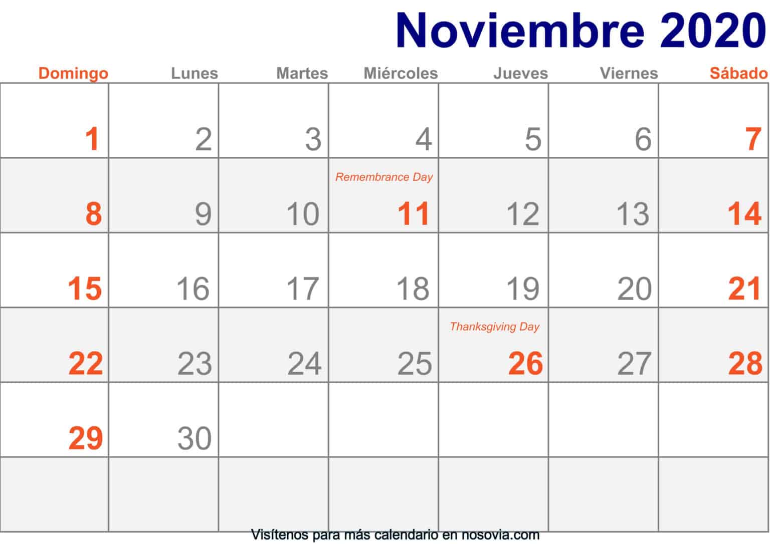 Calendario noviembre 2020 con festivos para imprimir | Nosovia.com