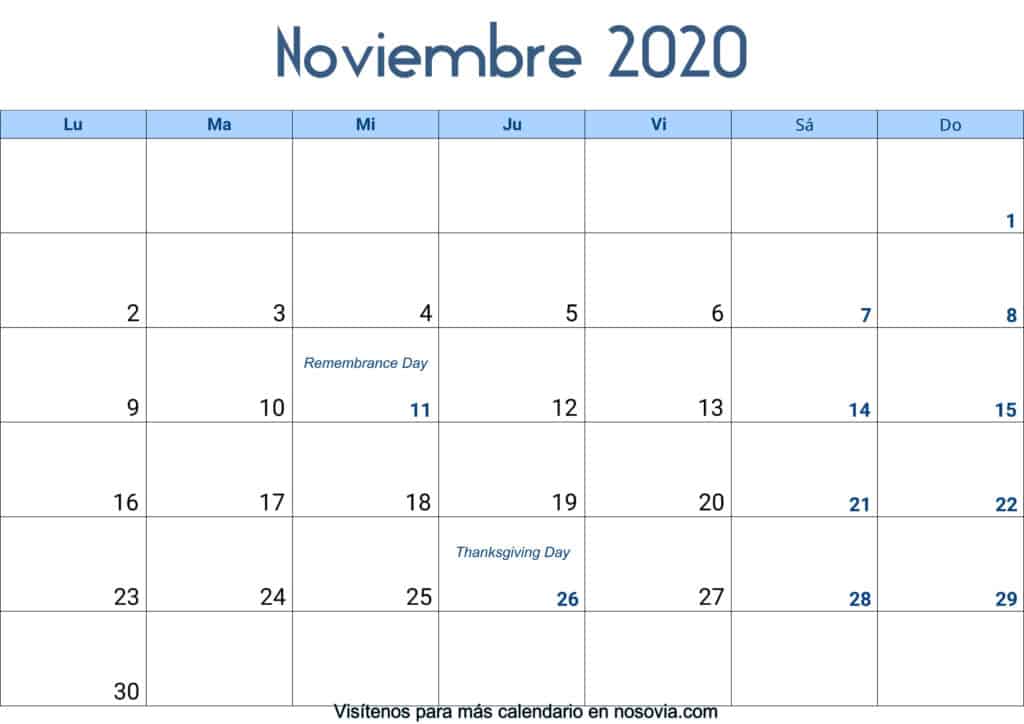 Calendario noviembre 2020 con festivos para imprimir | Nosovia.com