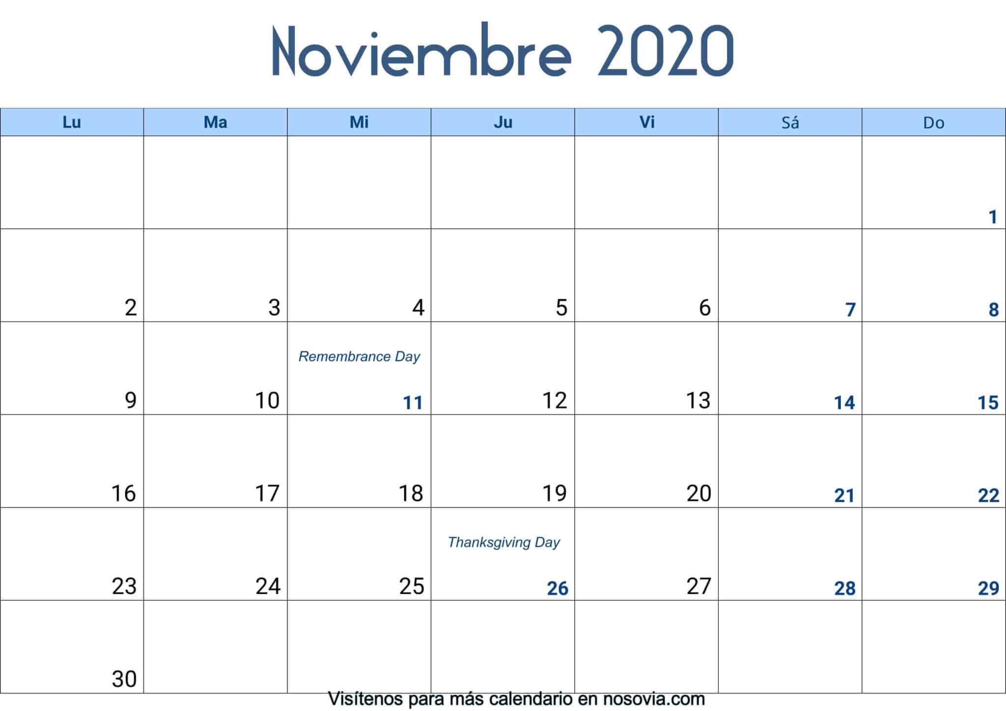Calendario noviembre 2020 con festivos para imprimir | Nosovia.com