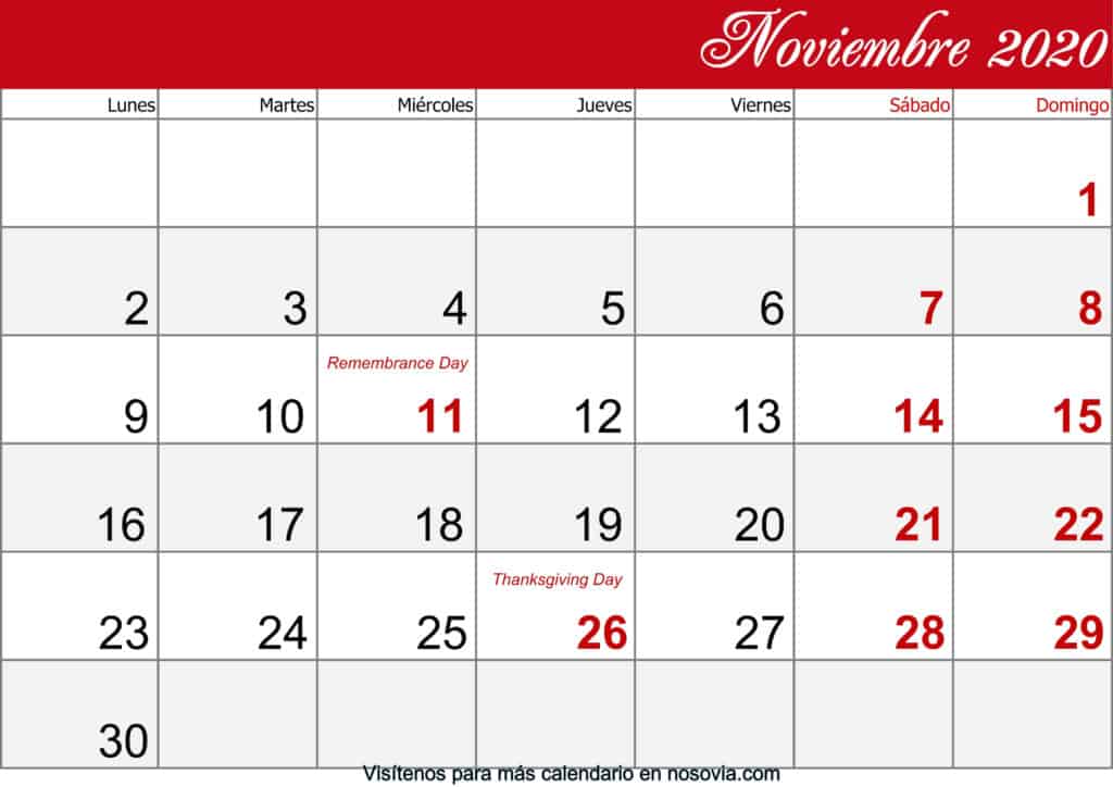 Calendario noviembre 2020 con festivos para imprimir | Nosovia.com