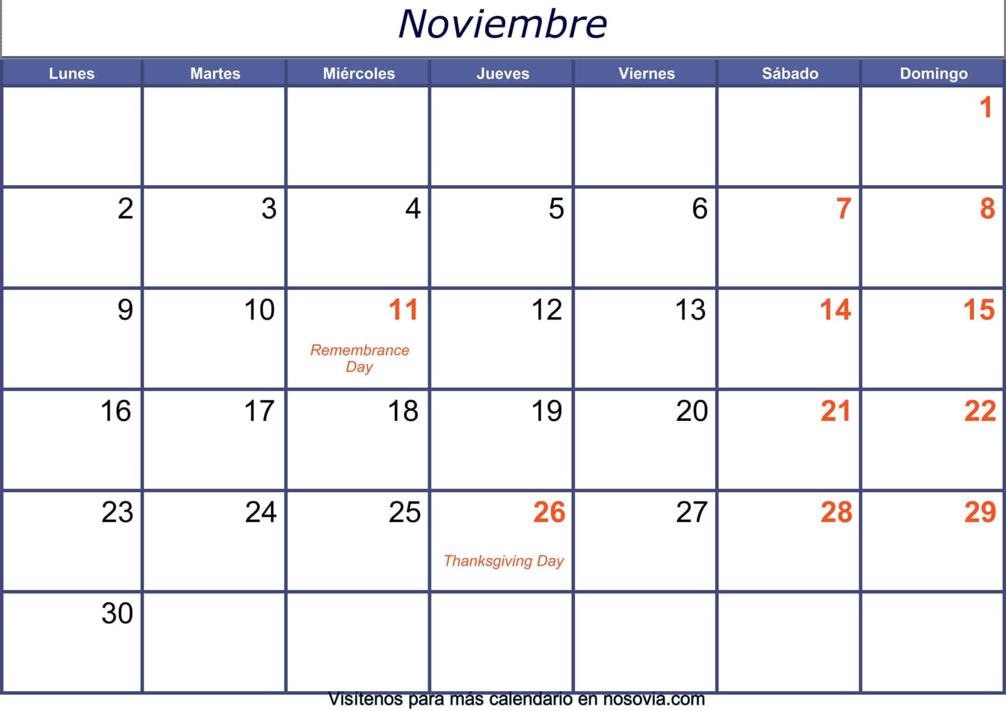 Calendario noviembre 2020 con festivos para imprimir | Nosovia.com