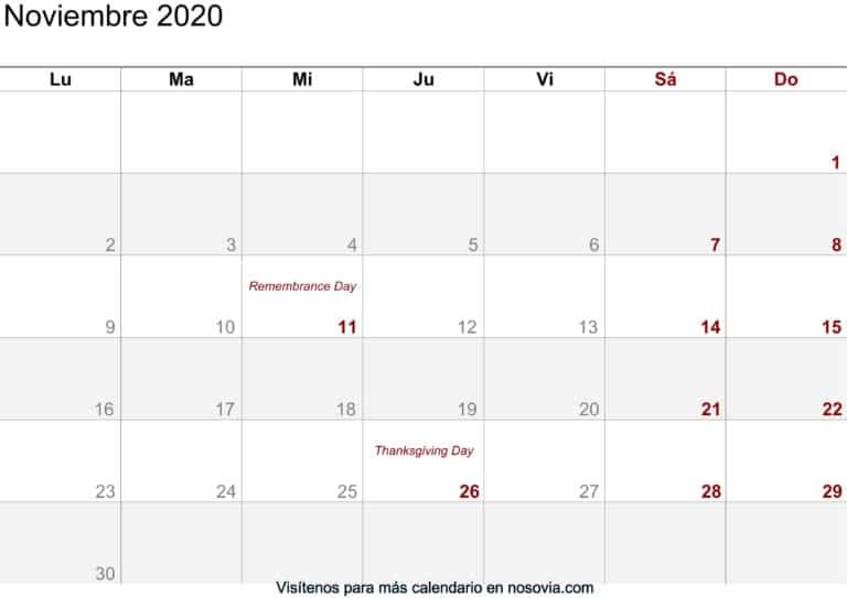 Calendario noviembre 2020 con festivos para imprimir | Nosovia.com