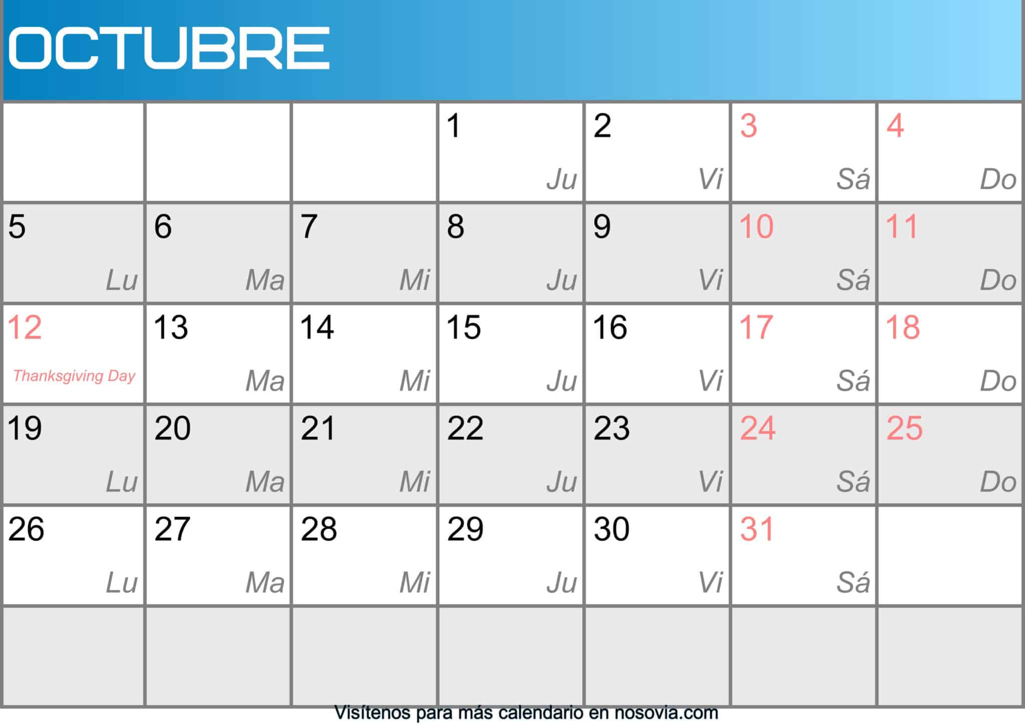 Calendario octubre 2020 imágenes para imprimir | Nosovia.com