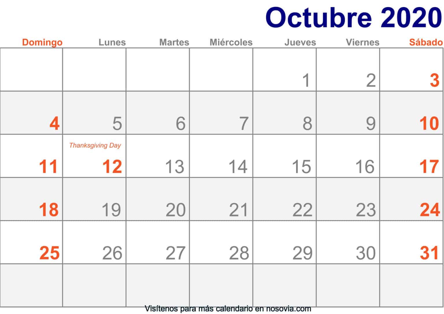 Calendario octubre 2020 imágenes para imprimir | Nosovia.com