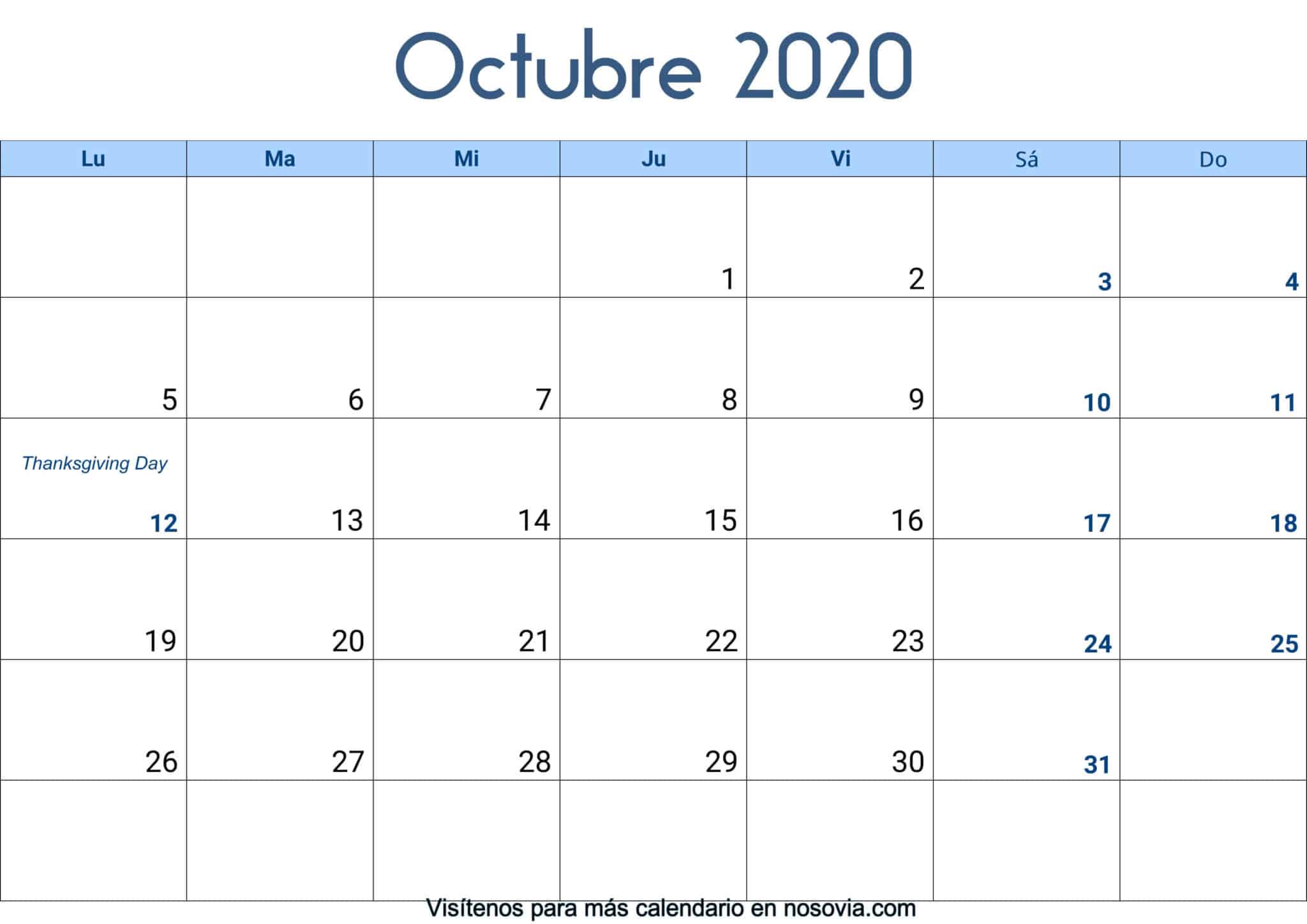 Calendario octubre 2020 imágenes para imprimir | Nosovia.com