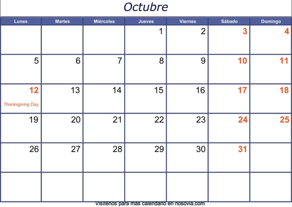 Calendario octubre 2020 imágenes para imprimir | Nosovia.com