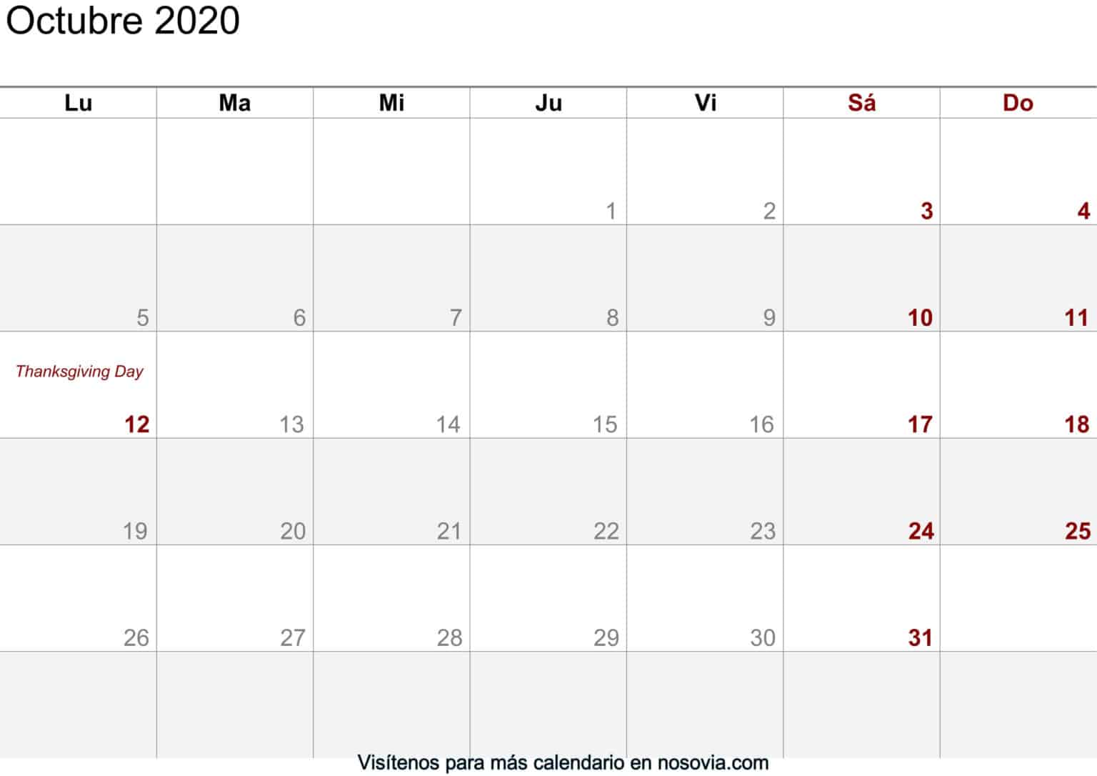 Calendario octubre 2020 imágenes para imprimir | Nosovia.com