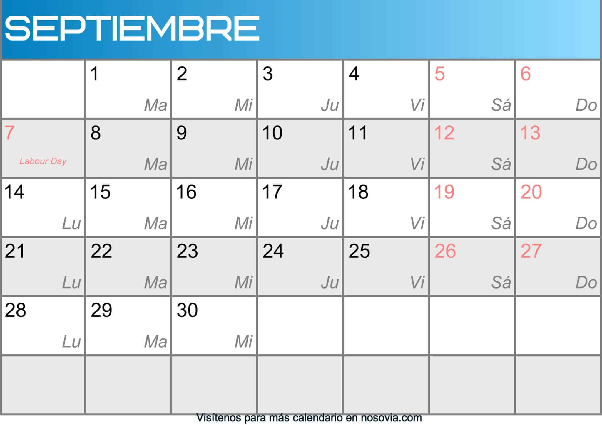 Calendario septiembre 2020 Con Festivos Imprimir | Nosovia.com