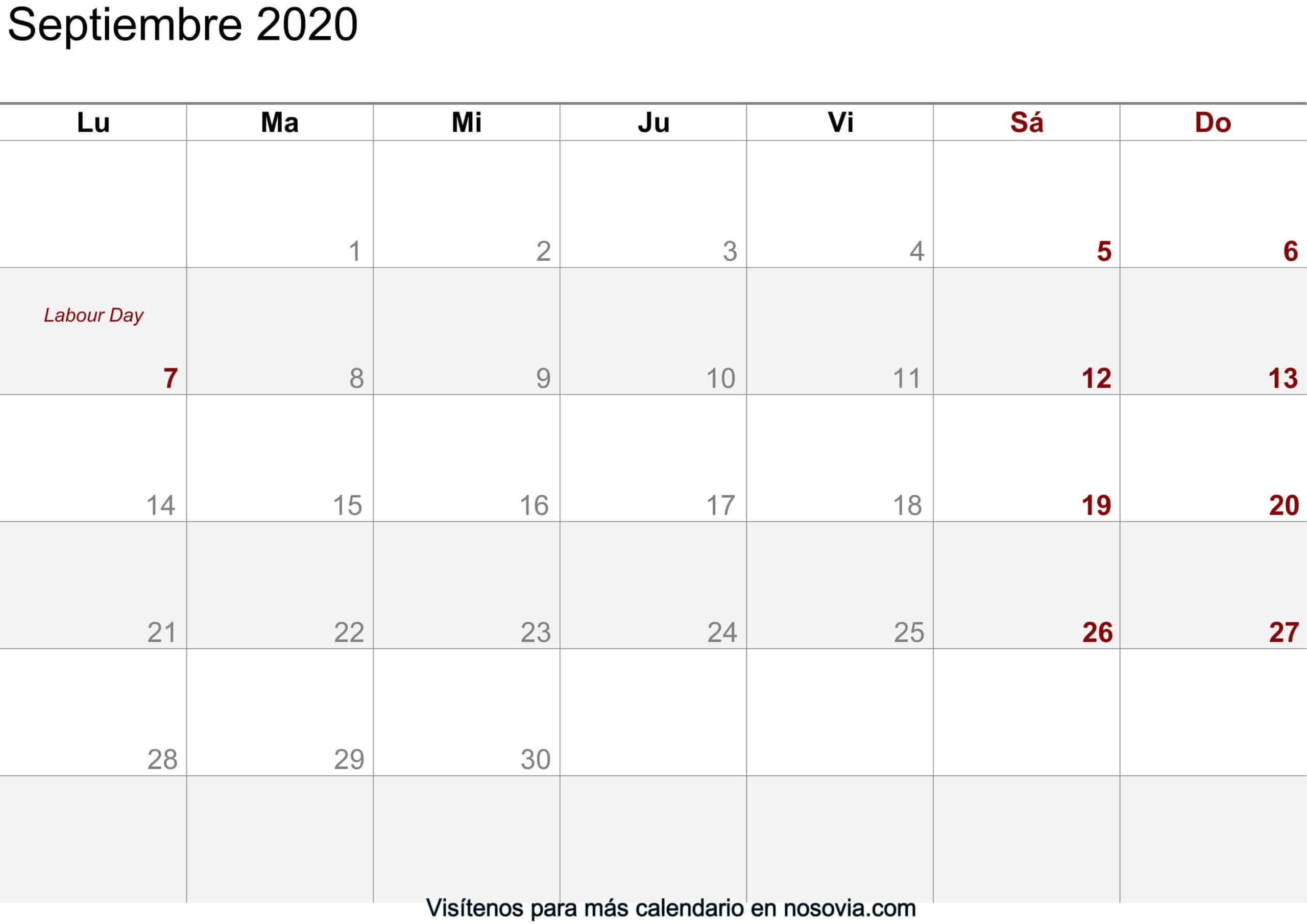 Calendario septiembre 2020 Con Festivos Imprimir | Nosovia.com